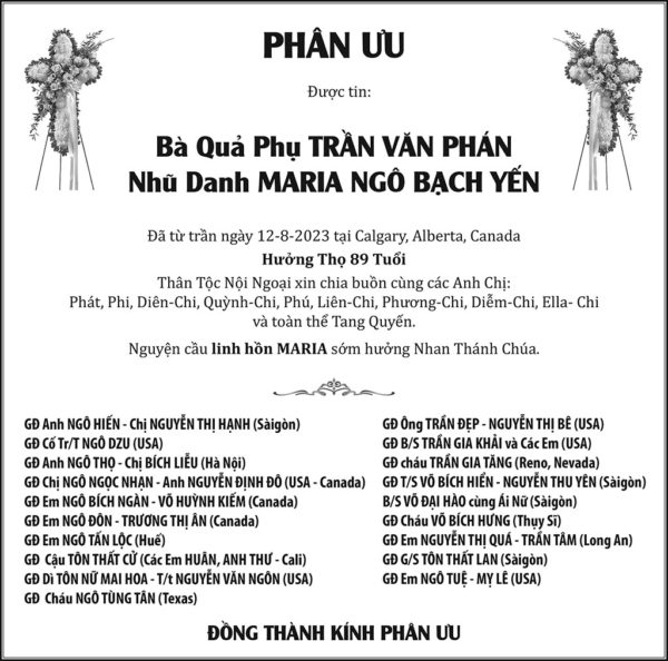 Bà Quả Phụ Trần Văn Phán (Nhũ danh Maria Ngô Bạch Yến) - Nguoi Viet Online